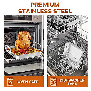Roasting Pan with Beer Can Chicken Holder, Joyfair 9 inch Stainless Steel Square Roaster Baking Pans with Grill Racks & Riveted Handles for Oven Cooking BBQ Smoking, Heavy Duty & Dishwasher Safe (4)