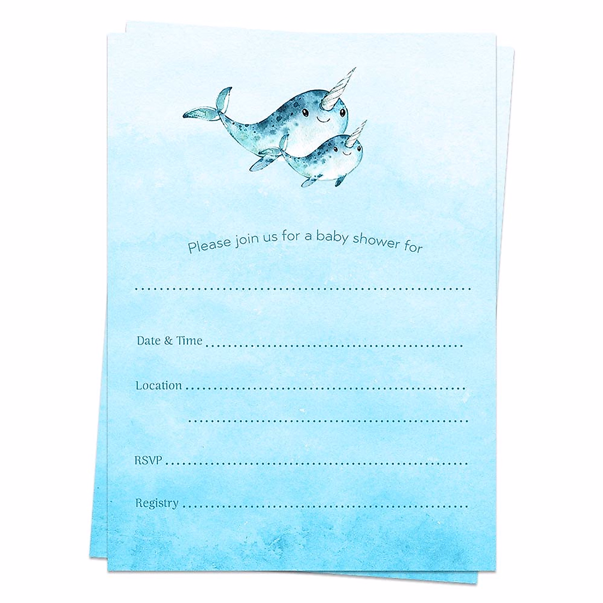 Watercolor Narwhal Fill in the Blank Invitation Baby Shower Blue Sea Ocean Narwhals Mommy and Me Its a Boy FIB (15 count)