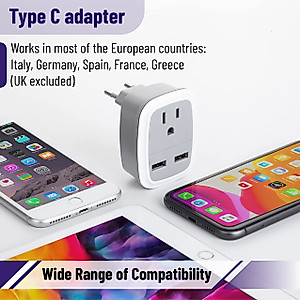 Bates- European Travel Plug Adapter, Adapter with USB, European Plug Adapter, US to Europe Plug Adapter, Converters and Adapters for Travel, Outlet Converter, Power Adapter Europe, Adapters for Europe