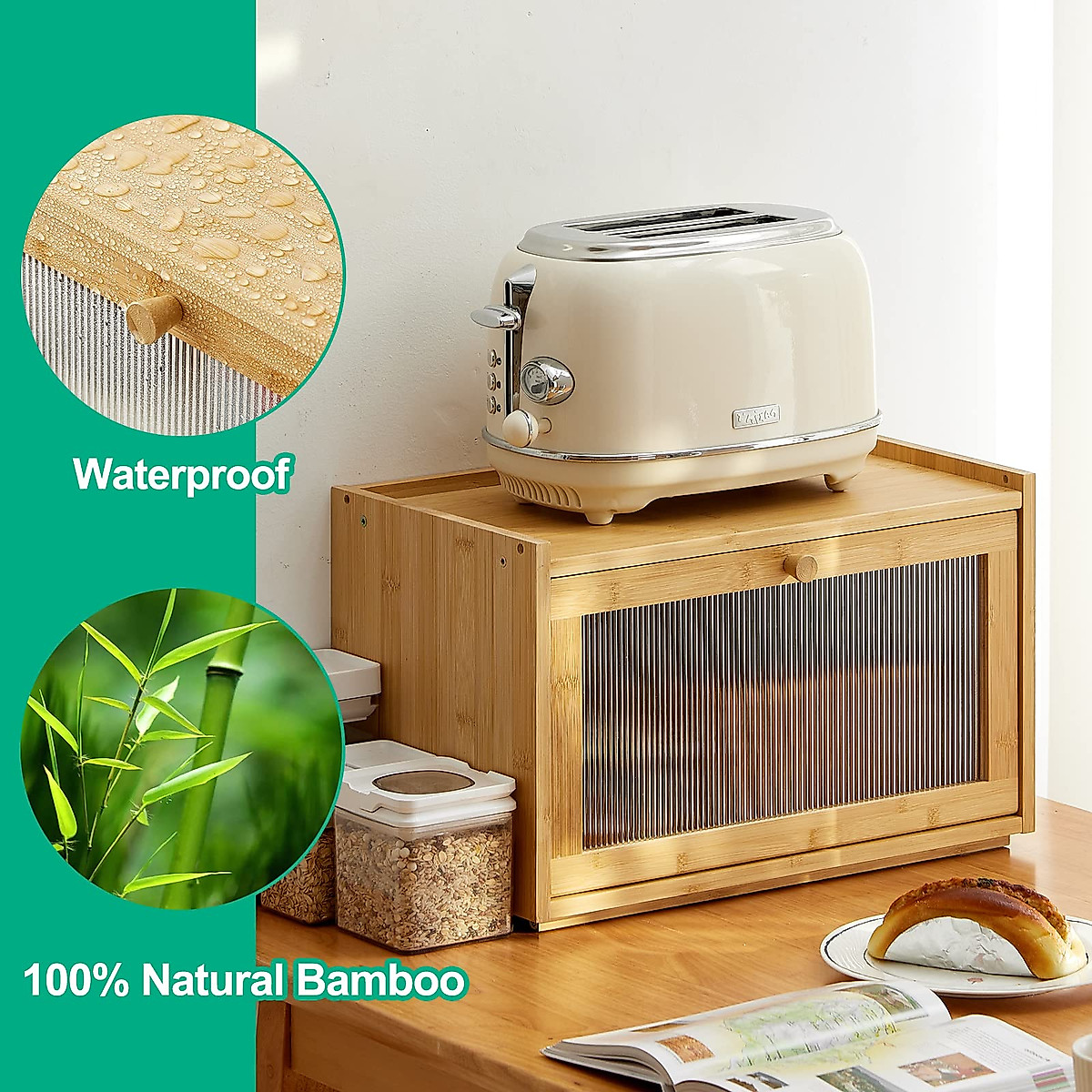 kiplant Large Bread Box for Kitchen Counter, Bamboo Bread Storage Container with Wavy Arcylic Transparent Door, Bamboo Wooden Farmhouse Bread Box for Your House