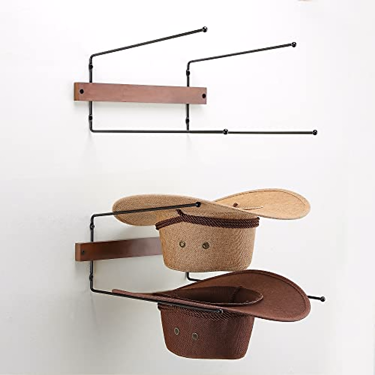Taozun Cowboy Hat Rack - for Hat Holder Hat Organizer- 6 Pieces Hat Storage for wall with Wooden Board and Display Cowboy hat srack, Black Metal Hat Holder Wall Organizer