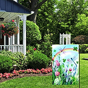Texupday Clover Shamrock Floral Rainbow Dragonfly Decoration St.Patrick's Day Spring Vertical Garden Flag Farmhouse Holiday Party Outdoor Yard Banner 12" x 18"