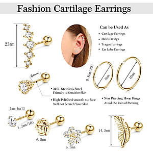 SAILIMUE 16Pcs 16G Studs for Women Surgical Stainless Steel Helix Tragus Couch Hoop Piercing Earrings Set Opal Shiny CZ Cartilage Earrings Silver/Gold/Rose Gold Tone