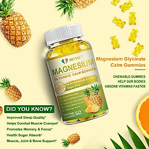Magnesium Glycinate Gummies 400mg, Sugar Free Magnesium Taurate, Magnesium Malate Supplement with Vitamin D, B6, CoQ10 for Relaxation, Stress Relief, Muscle, Bone & Sleep Support- 60 Pineapple Gummies