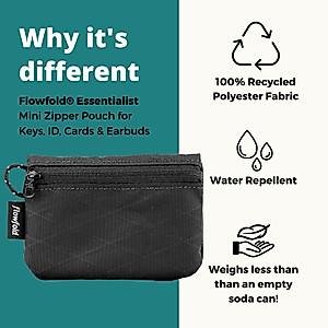 Flowfold Recycled Fabric Mini Zipper Pouch Water Repellent Small Pouch Wallet & Card Pouch for Keys, ID, Coins & AirPods Case Made in USA (Black, Recycled Material)