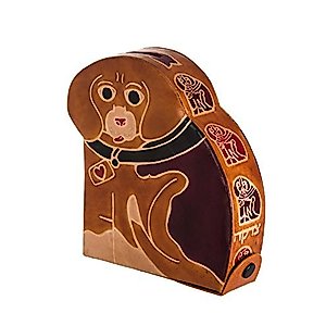 Tzedakah Charity box Handmade of Tooled Leather. The Puppy Dog is beautiful saturated with color and rich design. Size 6.00 inch high. 5.5 inch long and 1.5 inch wide.