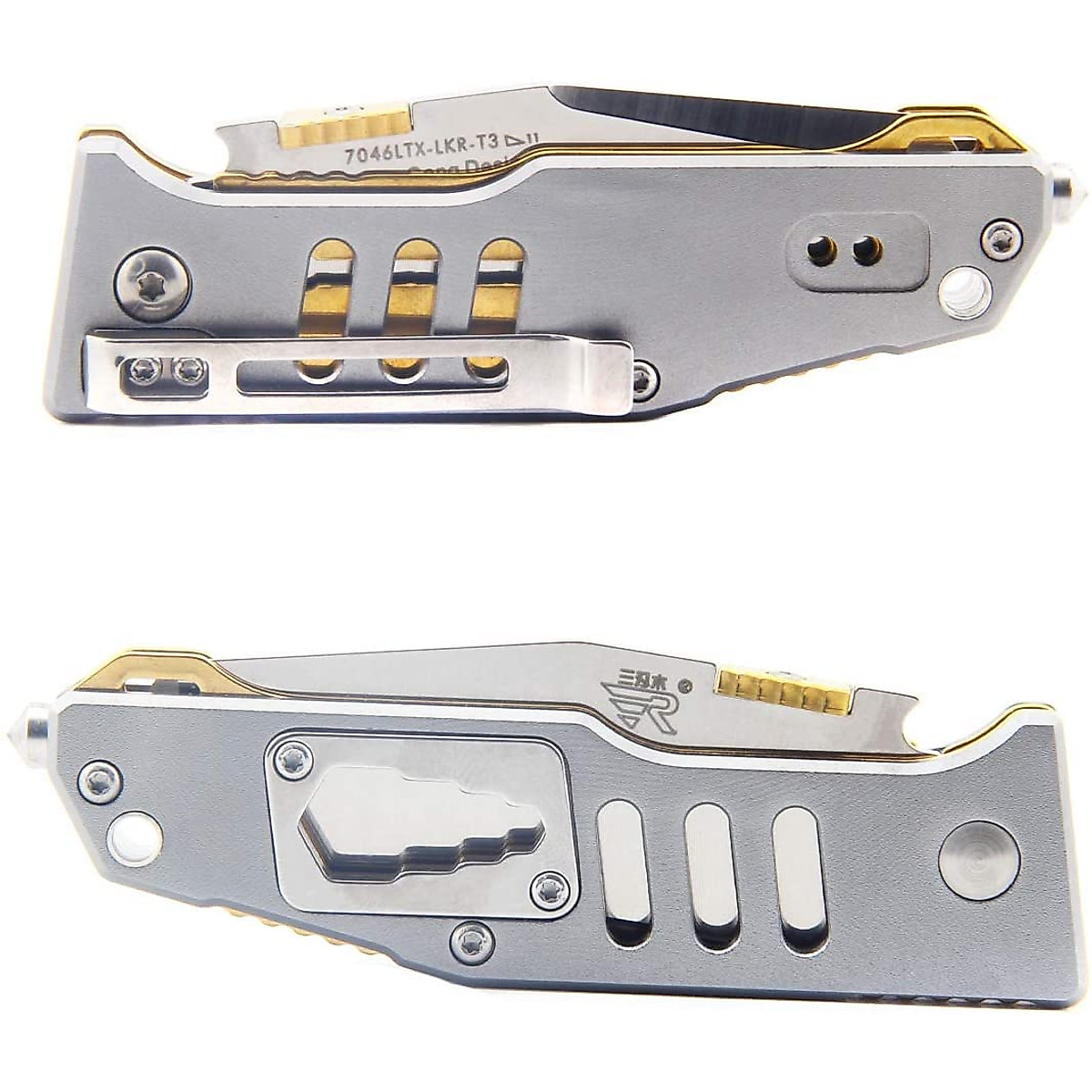 Sanrenmu 7046 Folding Pocket Knife with Tanto Blade Multi function Knife (Grey&Golden)