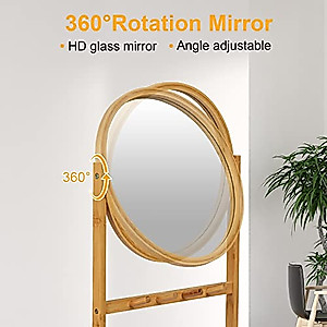 KINTNESS 63”H Bamboo Storage Shelf - Bathroom Storage Cabinet with Adjustable Mirror, Freestanding Shelving Racks with 2 Drawers & 2 Open Shelves for Living Room Bathroom Bedroom