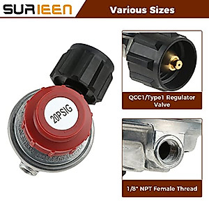 SURIEEN 0-20 PSI Adjustable High Pressure Propane Regulator Valve Kit, QCC1/Type1 Regulator Valve Kit with 1/8" NPT Male to 1/4" & 3/8" Male Flare Fitting, 1/4" & 5/16" Hose Barb Connector