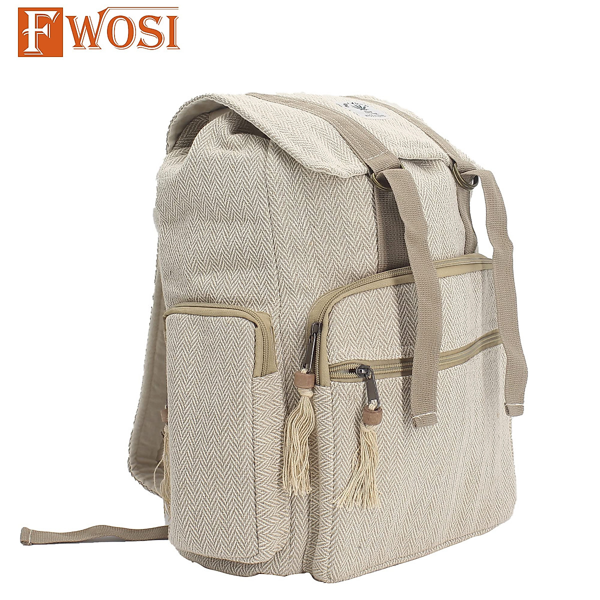 Fwosi Handmade Beige Laptop Backpack - Pure Hemp Bookbag for School, Day Hiking & Travel - Lightweight, Multi-Pocket, 5 Compartments for Books, Purse, Wallet, Everyday Accessories - Crafts from Nepal