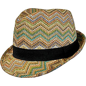 Bohemian Summer Straw Fedora Hat for Women, Cute Chevron Zig Zag Striped, One Size