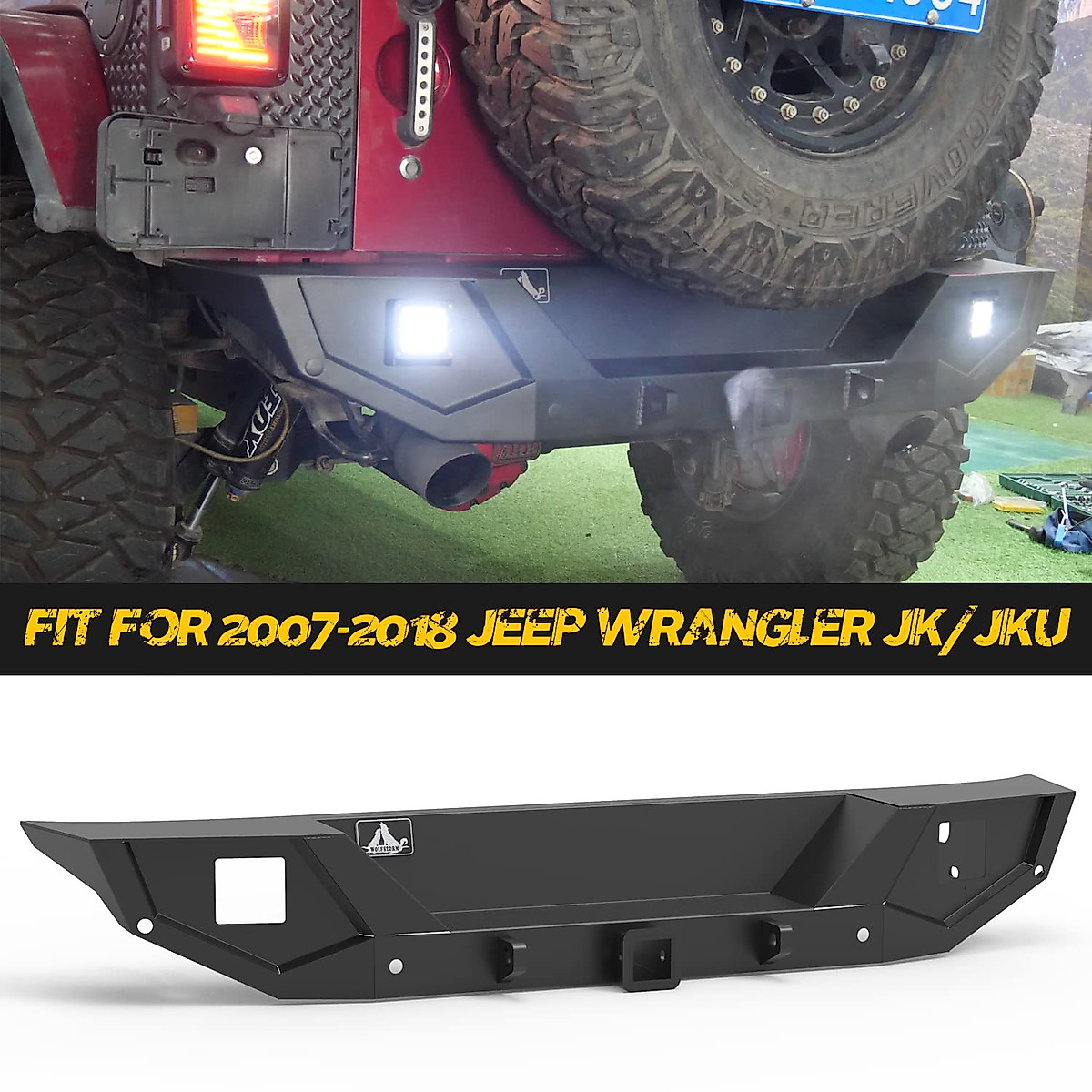 Rear Bumper Compatible for Jeep 2007-2018 Wrangler JK & JKU Unlimited (2/4 Doors),HAWKLEY Rock Crawler Offroad Back Bumper with Hitch Receiver & 2x LED Lights & 2x D-Rings