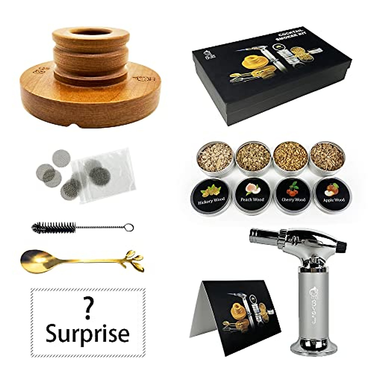 Cocktail Smoker Kit with Torch | Good for Whiskey and Bourbon Flavoring | 4 Flavor Wood Chips (Cherry, Apple, Hickory and Peach) A True Gift Set | for Men, Dads & Husband | (Butane not Included)