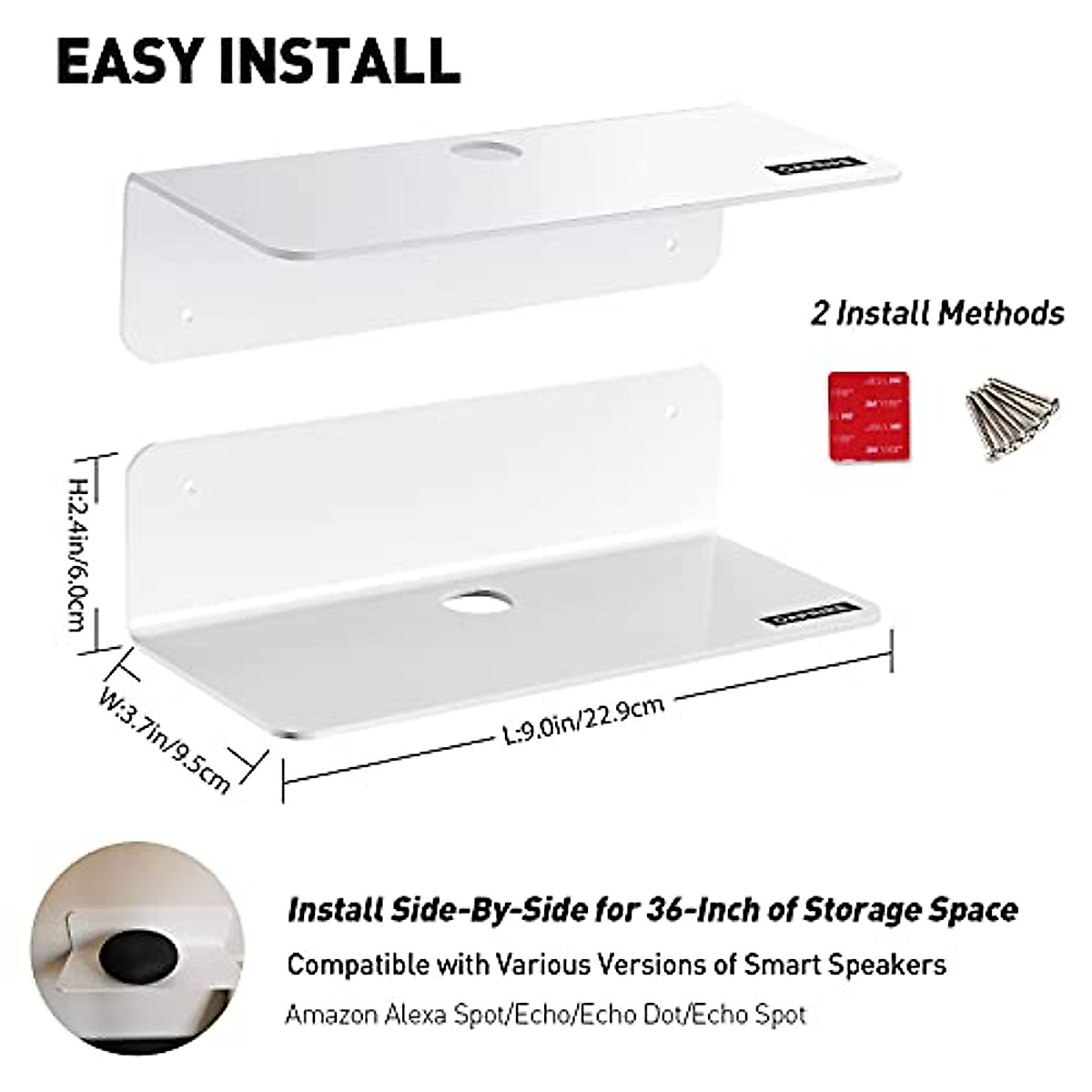 OAPRIRE Small Floating Wall Shelves Set of 4 - Easily Expand Wall Space - 9 Inch Acrylic Wall Shelf for Bedroom, Living Room, Bathroom, Office, Gaming Room with Cable Clips (4, White)