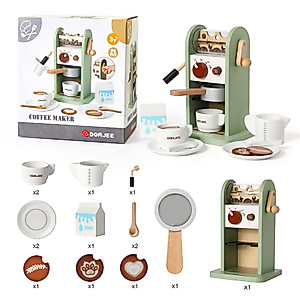Dorjee Kids Coffee Maker Playset with Grinder, Play to learn Coffee Making Routine, Stimulates Imaginative Pretend Play and Life Skills, Gifts for Toddler Girls and Boys, 14pcs in Wood