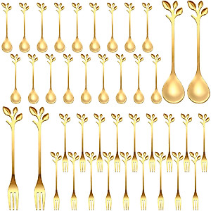 Stainless Steel Leaf Coffee Spoon and Appetizer Fork Tableware Dessert Spoon Mini Dessert Utensils Set Creative Demitasse Spoons and Forks for Stirring, Fruit, Cake, Coffee, Tea (Gold, 40 Pieces)