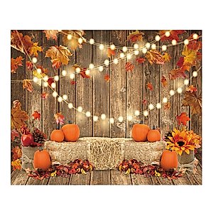Funnytree 10x8FT Soft Fabric Fall Pumpkin Photography Backdrop Autumn Tanksgiving Harvest Hay Leaves Wooden Background Sunflower Maple Baby Shower Banner Decoration Party Supplies Photo Booth Prop