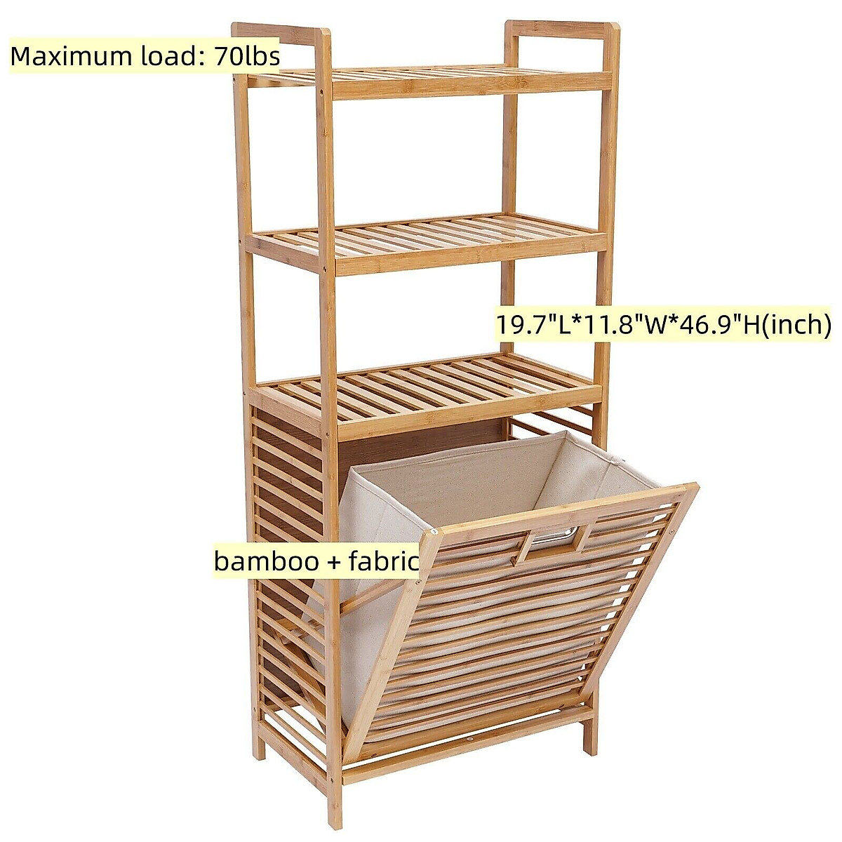 Tilt Out Bamboo Laundry Hamper, Laundry Basket with 3 Shelves Bathroom Cabinet Organizer,4 Tier Shower Caddy Shelf Rack for Bedroom, Bathroom, Closet, Laundry Room