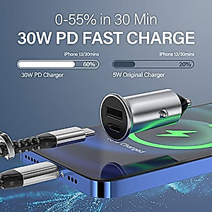 30W USB-C & USB-A Dual Port Car Charger Power Delivery Fast Auto Charging with Apple MFi Certified 3ft USB-C to Lightning Cable and USB Adapter for iPhone 14/13/12/X/Xs/XR/Pro Max/Mini, iPad, AirPods