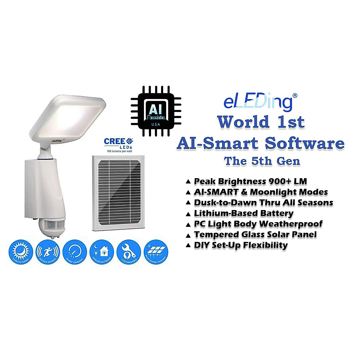 eLEDing 1000LM CREE LED World's 1st AI Smart 180-Degree Motion Activated Outdoor Solar Powered Security Flood Spot Parking Garden Backyard Path Light Floodlight