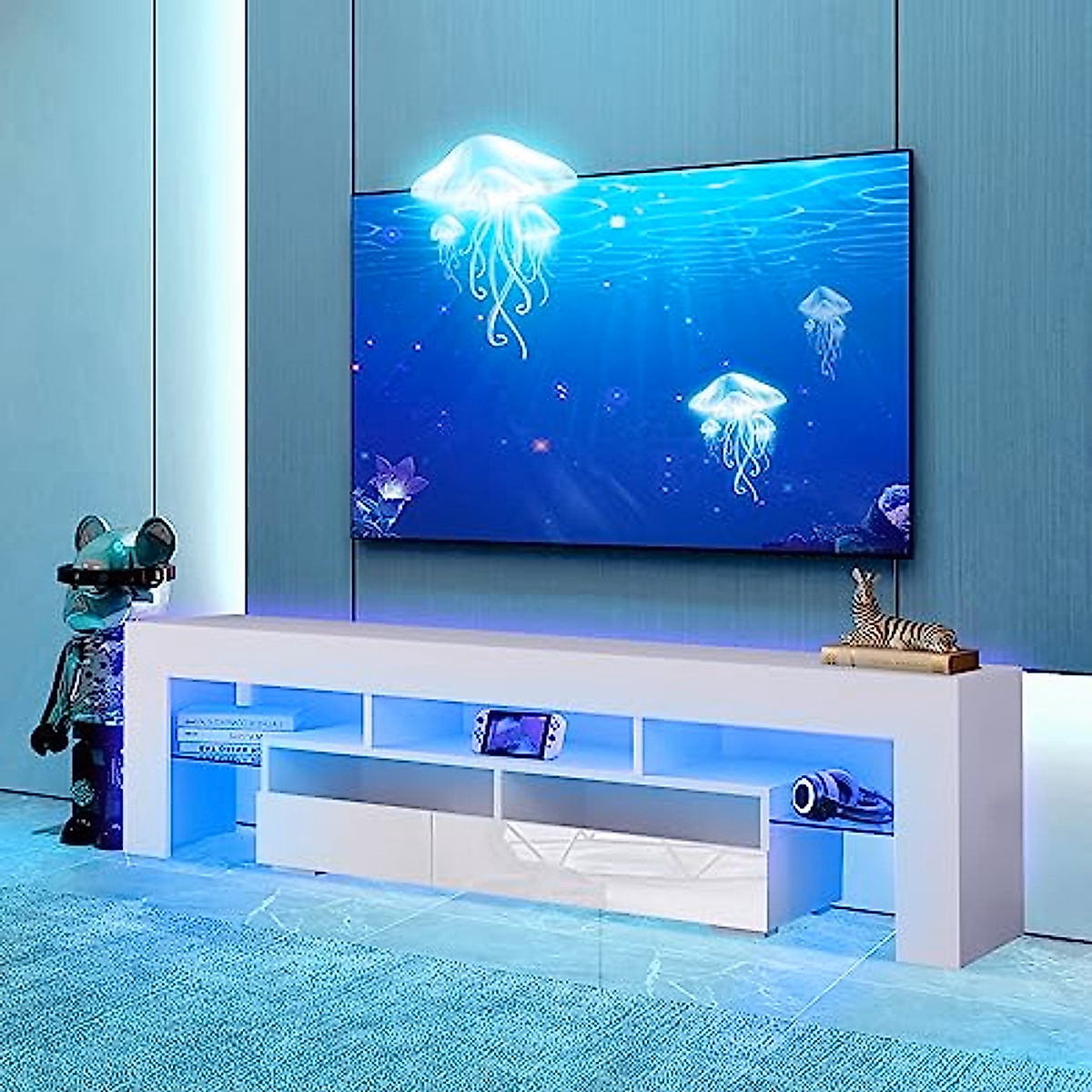 TV Stand with LED Lights for 60/65/70 Inch TV, Modern Gaming Entertainment Center, High Gloss Television Stands Media Console with Glass Shelves and 2 Drawers for Living Room, Bedroom, White