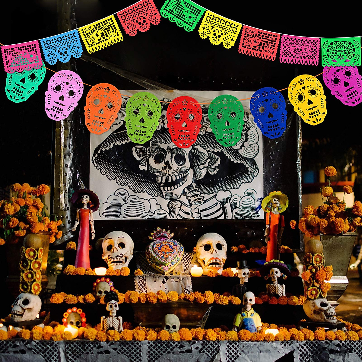 HOWAF 2 Pcs Plastic Papel Picado Mexican Fiesta Banners Day of The Dead Skull Bunting Banner Halloween Dia De Los Muertos Mexicano Banners for Cinco De Mayo Decorations Mexican Party Supplies