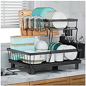 7 code Large Dish Drying Rack,2-Tier Dish Racks for Kitchen Counter,Detachable Large Capacity Dish Drainer Organizer with Utensil Holder, Dish Drying Rack with Drain Board ,Black