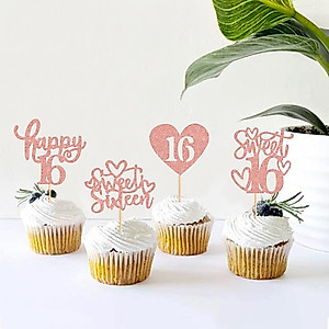 Keaziu 48 Pack Happy Sweet 16 Cupcake Toppers Sweet Sixteen 16 Happy 16 Cupcake Picks for 16th Birthday Wedding Anniversary Party Cake Decorations Supplies Rose Gold