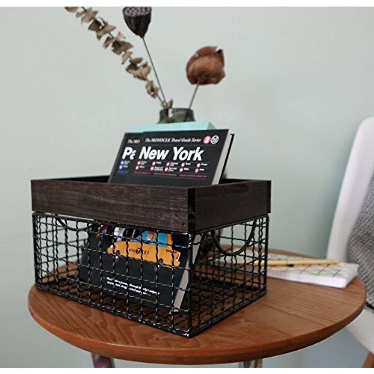 SLPR Wooden Top Wire Storage (Set of 3, Dark Wood): Kitchen, Nursery, Pantry Organization and Storage Bins, Laundry Blanket Baskets, Stackable Storage Bins for Organizing, Metal Milk Crates