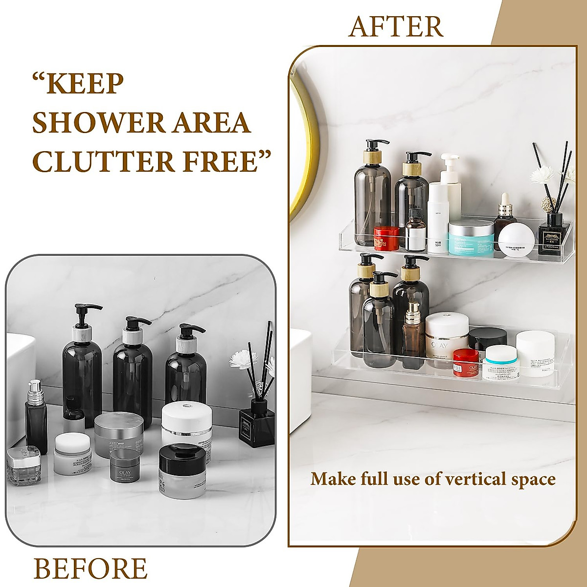 BLBYHO 2 Pack Acrylic Bathroom Shower Shelves Shower Caddy, 15" Clear Shower Organizer Floating Shelves Stick on for Bathroom Wall Mounted, Provide Adhesive Strips & Mounting Screws