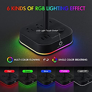 GAMENOTE RGB Headphone Stand & Power Strip 2 in 1 Desk Gaming Headset Holder with 3 USB Charging Ports & 3 Power Outlets Headphones Hanger Accessories for Desktop Gamer