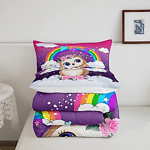 Erosebridal Rainbow Comforter Set Full,Cartoon Animal Owl Bedding for Kids Girls,Glitter Galaxy Clouds Stars Bedding Comforter Sets,Watercolor Dreamy Artwork Duvet Insert with 2 Pillowcases