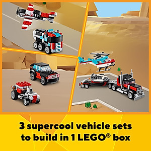 LEGO Creator 3 in 1 Flatbed Truck with Helicopter Toy, Transforms from Flatbed Truck Toy to Propeller Plane to Hot Rod and SUV Car Toys, Gift Idea for Boys and Girls Ages 7 Years Old and Up, 31146