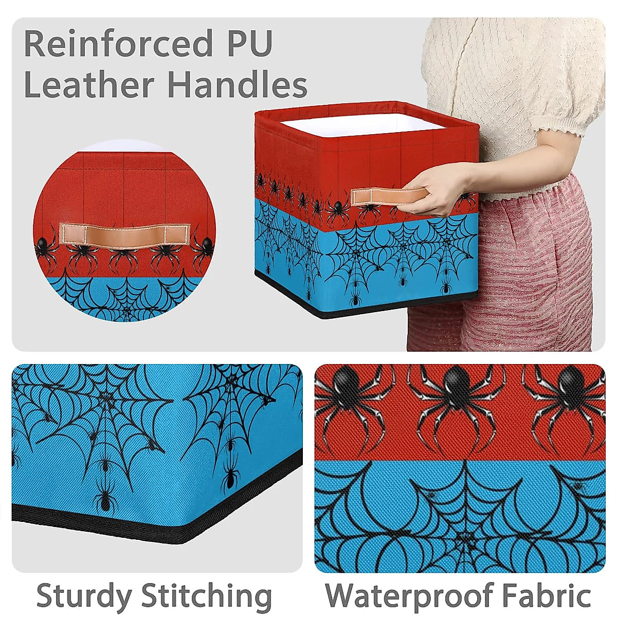 Storage Basket, Kids Toys Bin, Books Shelf Basket, Red Blue Color Spider Web Happy Halloween Clothes Towel Storage Bin for Nursery, Gift Basket, Pet Basket