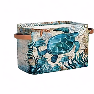 Ocean Turtle Rectangular Storage Bin, Sea Turtle Storage Basket with Handles, Toy Bins, Laundry Hamper, Books Clothes Bag, Gift Baskets for Nursery Home Closet