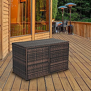 VINGLI 88 Gallon Outdoor Rattan Deck Box w/Openable Doors, Patio Wicker Storage Box for Tools and Toys Storage, Garden Deck Storage Bin for Garden, Balcony, Porch, Pool, Yard (Brown)