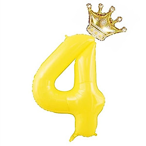 40 Inch Yellow Large Number 4 Balloons With Crown, Number 4 Foil Helium Balloons, 4th Birthday Decorations, Anniversary Party Supplies. (Yellow 4)