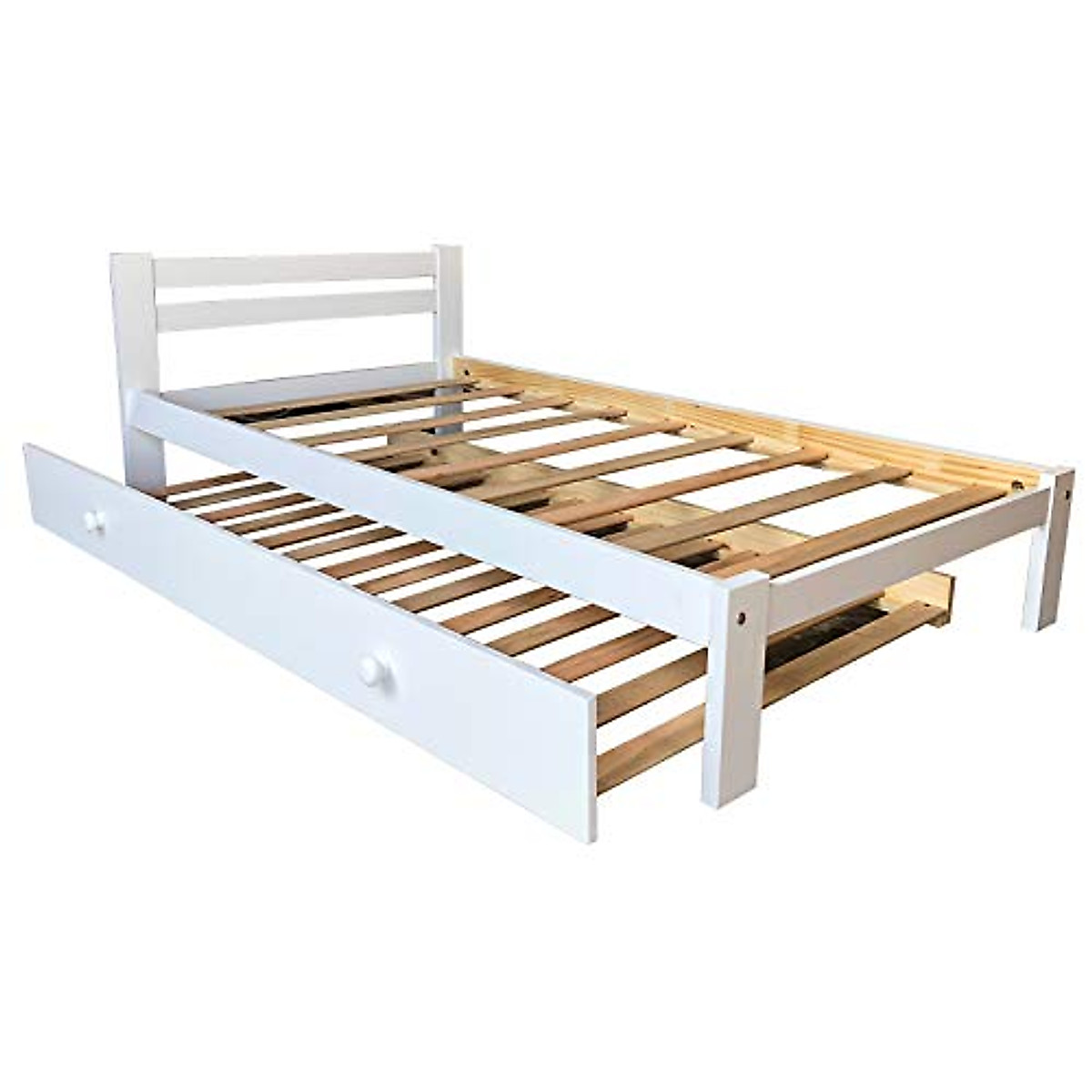 Amazonas White Twin Bed with Trundle Wooden Trundle Bed Twin Size Solid Pine Wood and Hardwood Slats Support Kids Bed Boy Girl Wooden Bedroom Furniture