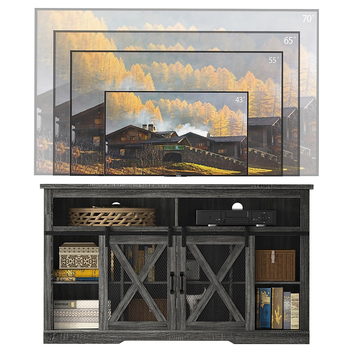 TOLEAD Farmhouse TV Stand for 65 inch TV Farmhouse Entertainment Center with Sliding Barn Doors Console Storage Cabinet for Living Room, Bedroom Grey