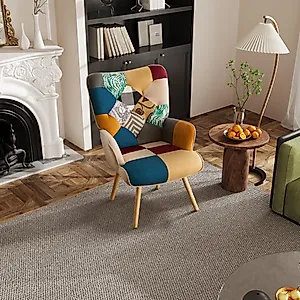 Fahomiss Accent Chair, Living Room Chair, Modern High Back Armchair, Colorful Patchwork Reading Chairs for Bedroom, Lounge Chair with Linen Fabric Shell and Solid Wood Feets (1, Colorful)