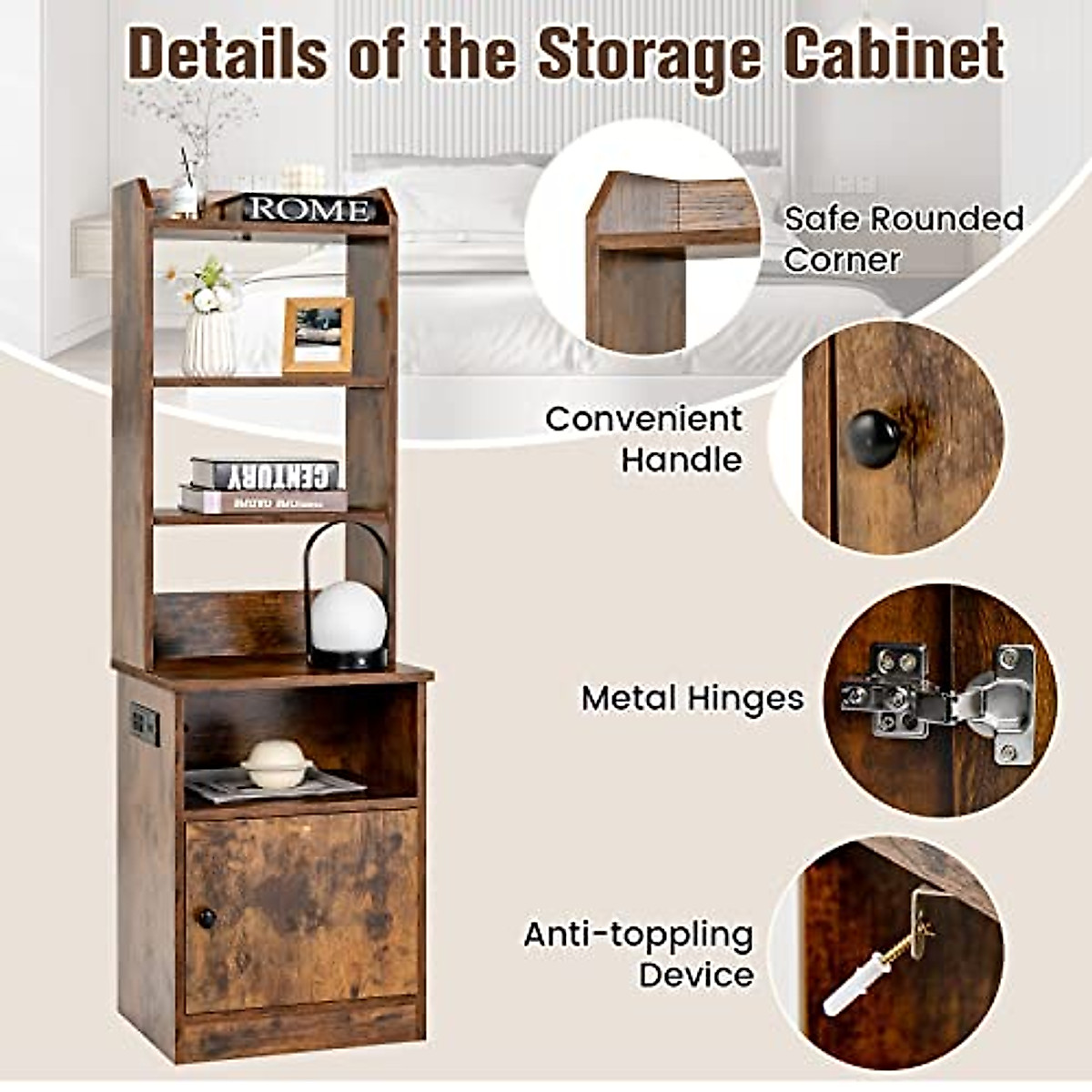 LOKO Nightstand with Charging Station, 55" Tall Bedside Table with Adjustable Shelves, Multifunctional End Table Bookcase with Open Storage Shelves, Modern Night Stand with Charger (Rustic Brown)