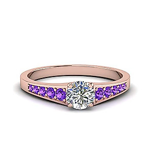 Gemsonclick Graduated Diamond Ring rose gold plated Natural Amethyst Round shape purple color Side Stone Engagement Rings prong Setting in Size 9 Party Wear Daily Wear Ornament