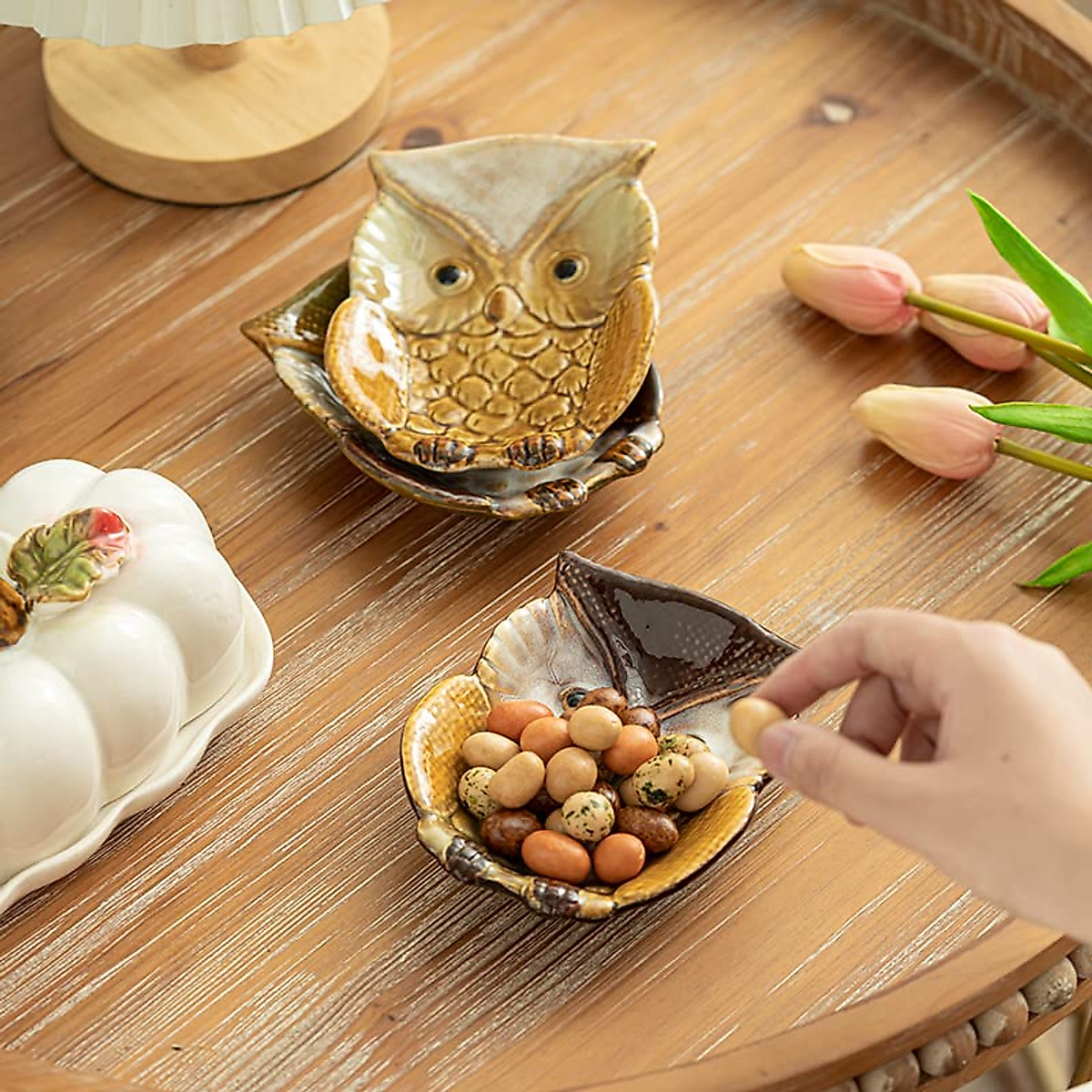 YINYUEDAO Snack Plate, Owl Shape, Ceramic Material, Used to Hold Snacks or Appetizers, Exquisite and Lovely Ceramic Ornaments, Holiday Theme, Gift Selection, Set of 4