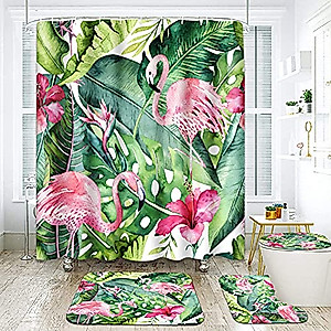 Britimes 4 Piece Shower Curtain Sets, with 12 Hooks, Tropical Leaf Flamingo with Non-Slip Rugs, Toilet Lid Cover and Bath Mat, Durable and Waterproof, for Bathroom Decor Set, 72" x 72"