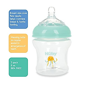 Nuby 3-Pack Infant Feeding Bottles with Slow Flow Breast Size Silicone Nipple: 0+ Months, 6oz, 3 Pack Set: Delicate Whale, Jellyfish, Turtle Prints