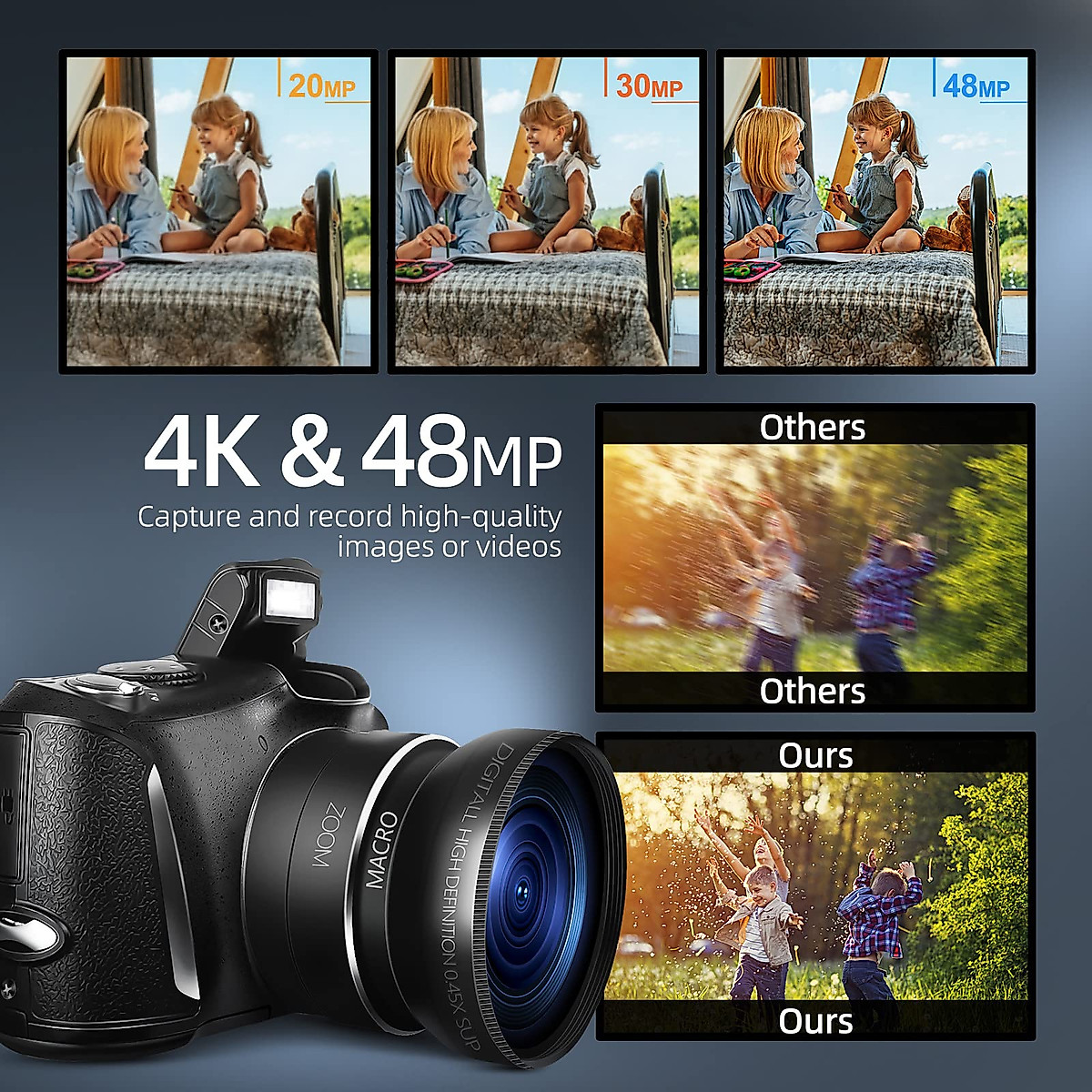 Monitech Digital Camera Compact Vlogging Camera, 4K 48MP Camera for Photography with 2 Batteries,32GB SD Card, 16x Digital Zoom, 3.0 inch Screen,Camera for Beginners