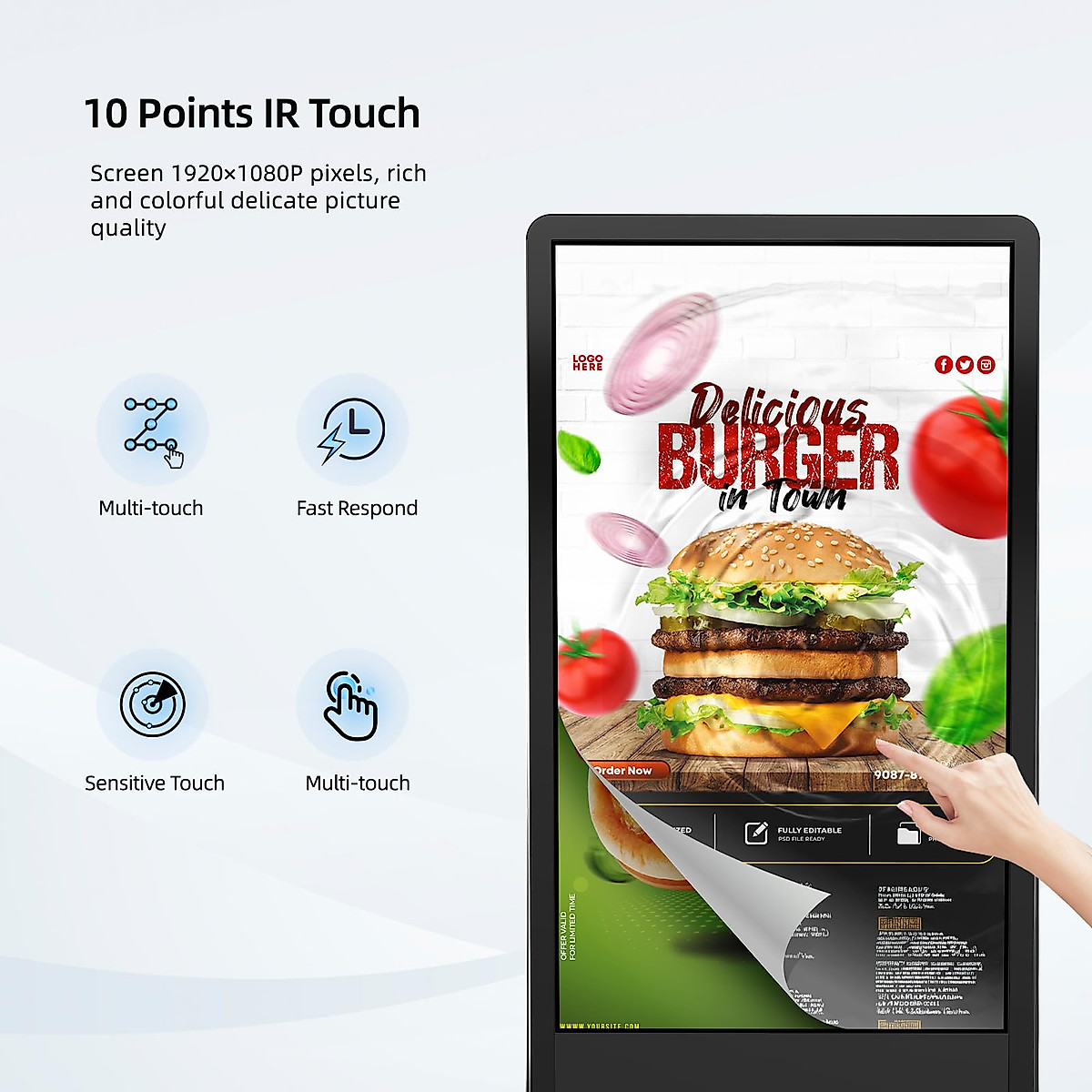 JASZDOT 55'' Digital Signage Displays 4K UHD 3840p LCD Touchscreen Kiosk Floor Standing Auto Smart AD Display Support USB/HDMI/WiFi Android OS（55'' Touch Screen）