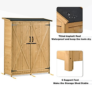 Outdoor 5.3ft Hx4.6ft L Wood Storage Shed Tool Organizer,Garden Shed, Storage Cabinet with Waterproof Asphalt Roof, Double Lockable Doors, 3-Tier Shelves for Backyard, Natural