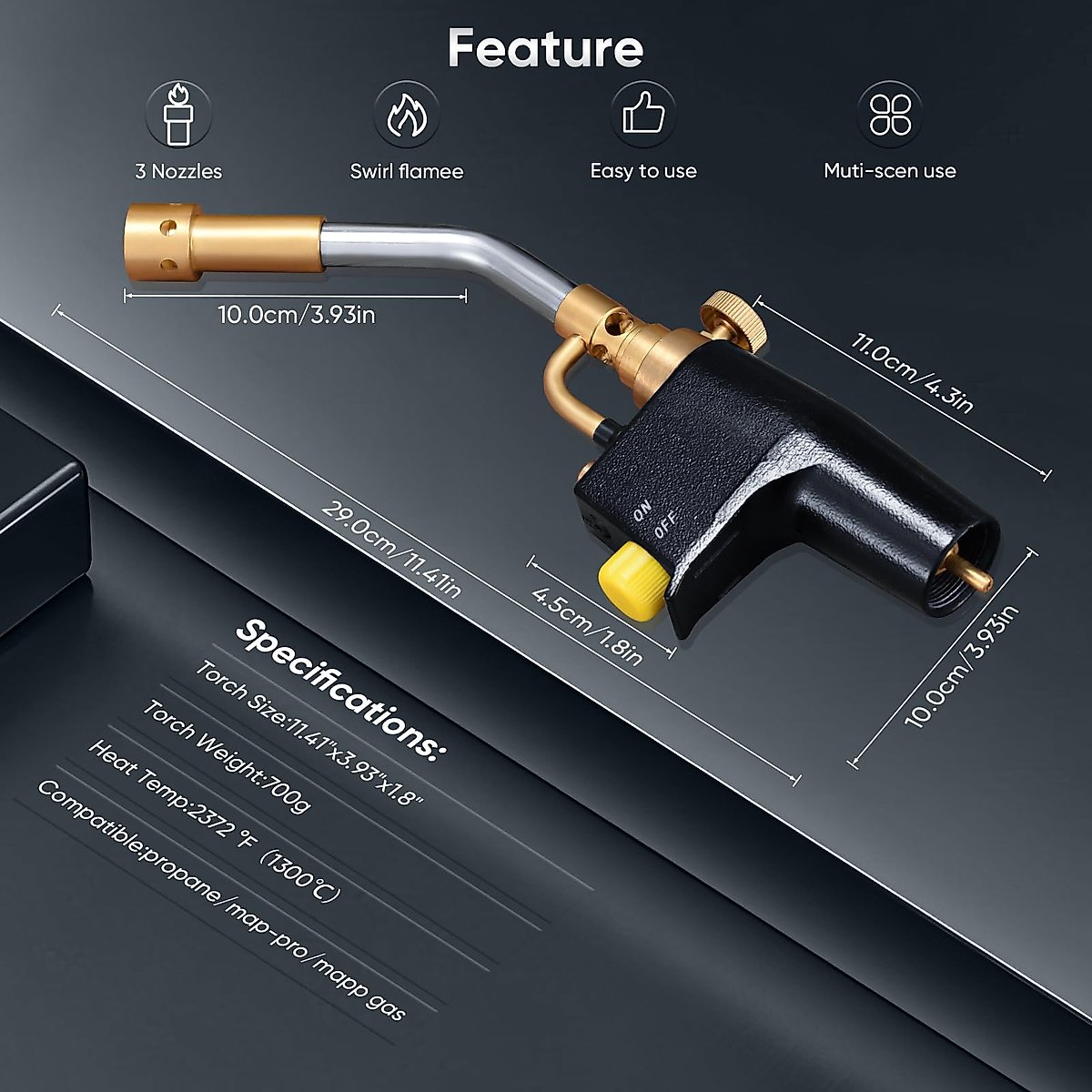 LIVOSA Heat Propane Mapp Torch Multi Purpose Includes 3 Nozzles/Tips High Intensity Trigger Start Torch Heat Shrink Torch