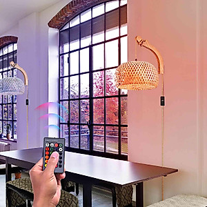 Bamboo Lantern Plug in Wall Sconce Or Hemp Rope Pendant Lamp with LED RGB Bulb, Rattan Wall Lamps, Wood Shelf Brackets, Boho Wicker Hanging Light with 9.8 FT Plug in Cord for Living Room, Bedroom